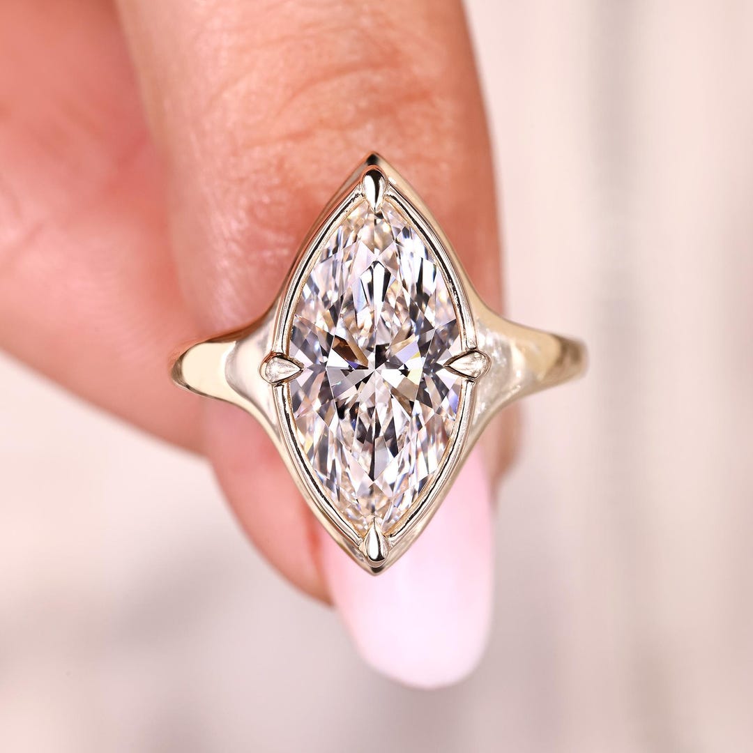 Gold Bezel Lab Grown Diamond Ring, 1 to 5 Carat Marquise Cut Engagement ...