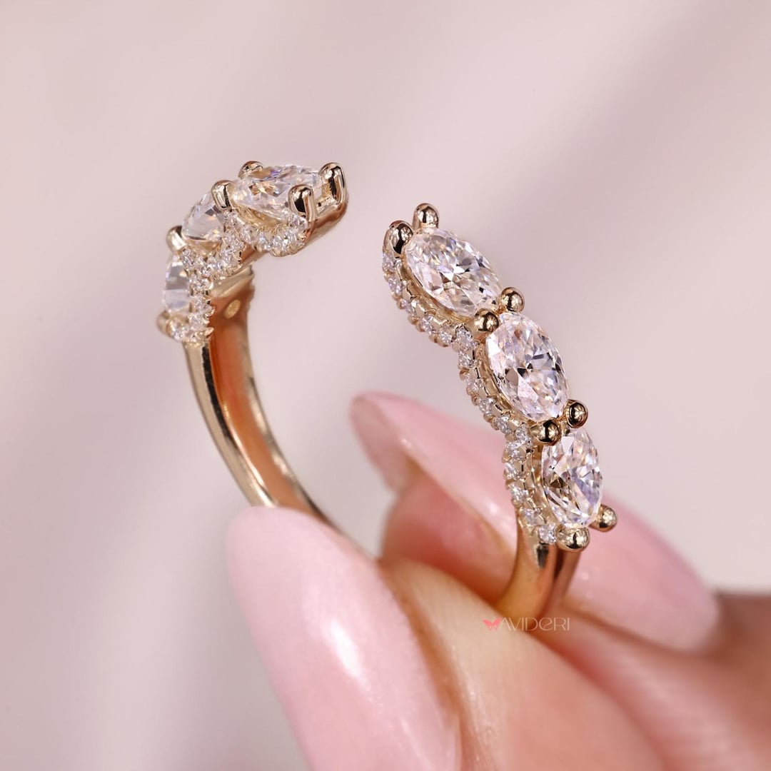 Oval Moissanite Band Open Gap: U Prong Pave Yellow Gold Wedding Ring ...
