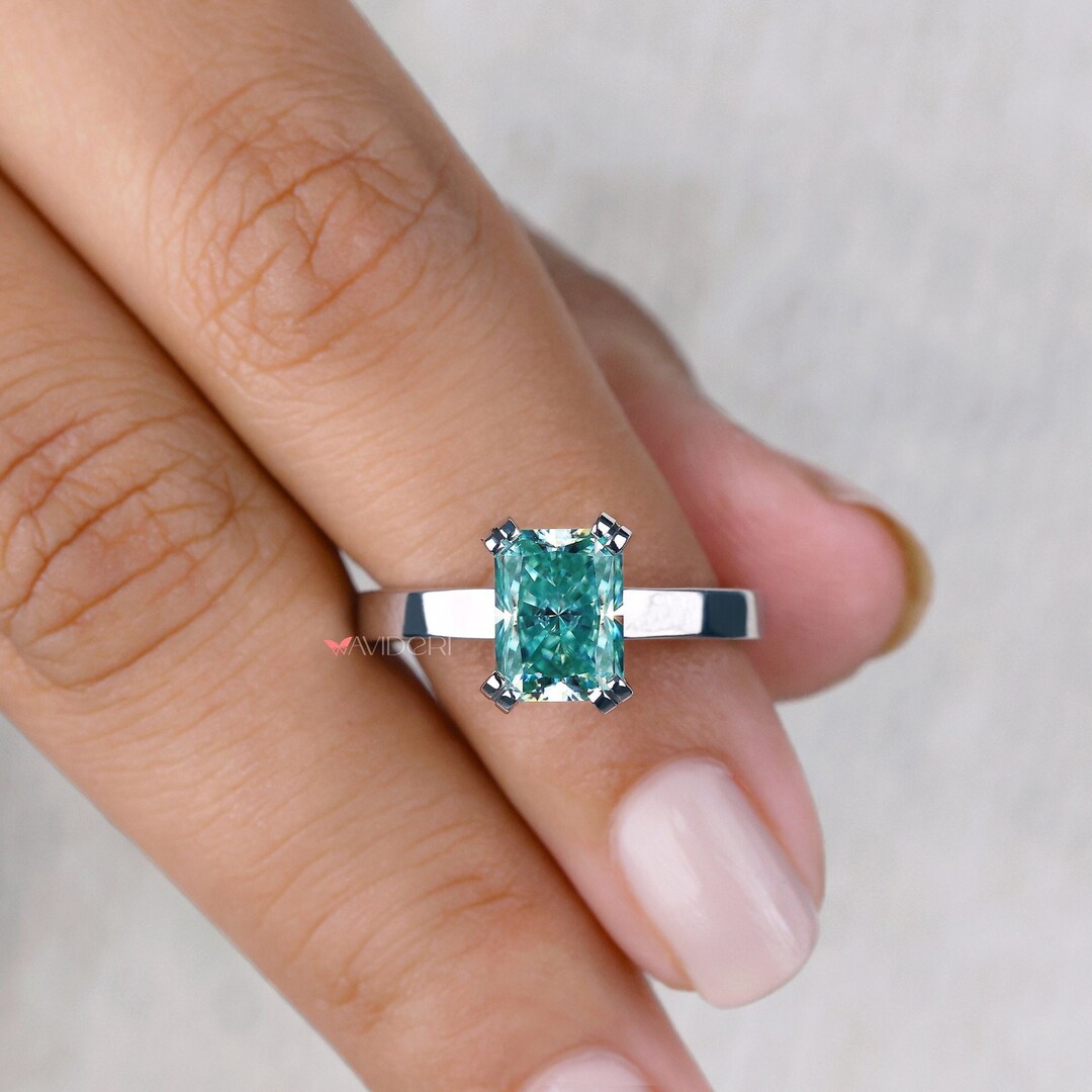 Cyan Blue Moissanite Engagement Ring 1.80 CT Radiant Cut Solitaire Ring ...
