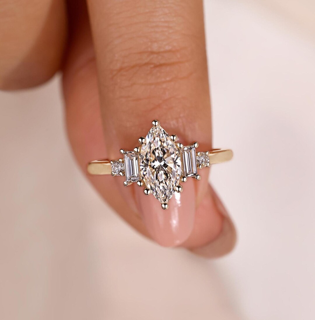 Marquise Cut Engagement Ring With Side Stone Baguette and Round, Lab ...