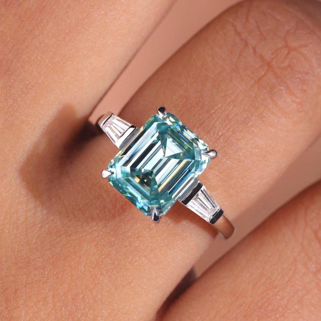Cyan Blue Moissanite Engagement Ring: Emerald Cut Three Stone, Vintage ...