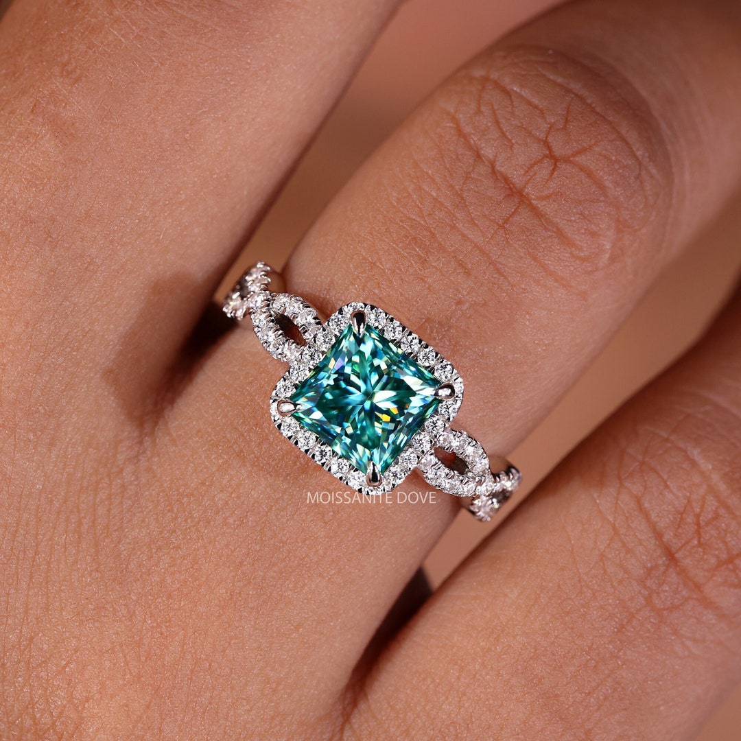 Blue Moissanite Ring for Women, 2ct Princess Cut Cyan Blue Moissanite ...