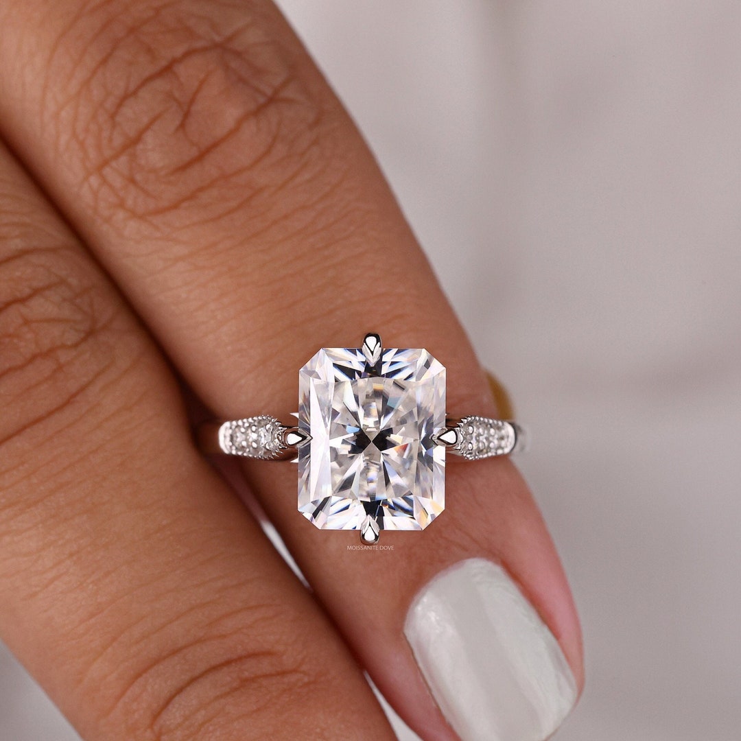 3.83 CT Brilliant Radiant Cut Colorless Moissanite Ring, Compass Set ...
