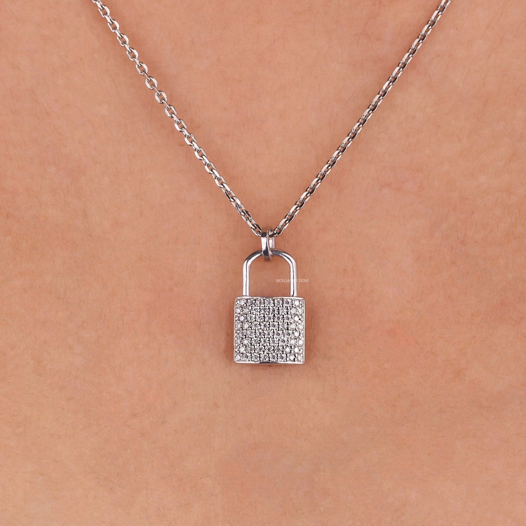 Pave Lock Pendant, Round Moissanite Pave Padlock Pendant for Necklace ...