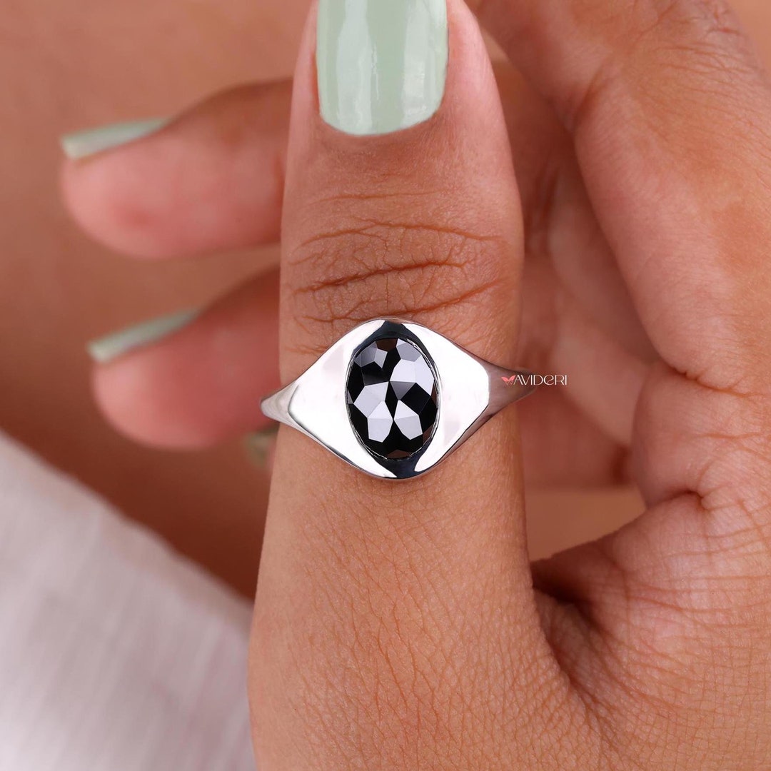 Black Rose Cut Moissanite Signet Ring, 2ct Oval Engagement Ring, Bezel ...