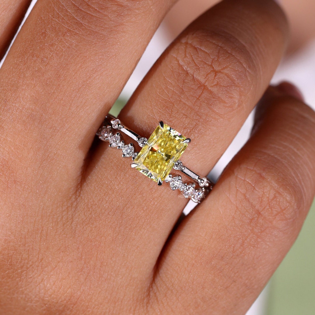 Radiant Cut Canary Yellow Moissanite Ring With Stackable Wavelet Band ...