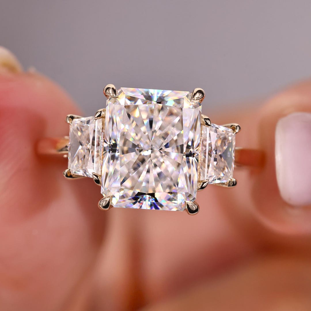 3ct Radiant Cut Three Stone Engagement Ring, Side Trapezoid Cut ...