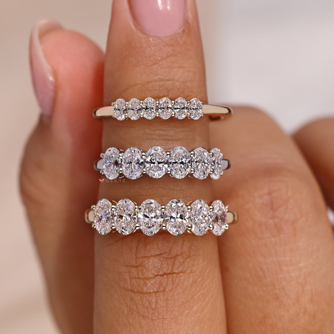 Six Stone Oval Cut Diamond Ring, Lab Grown Diamond Wedding Band, Shared ...