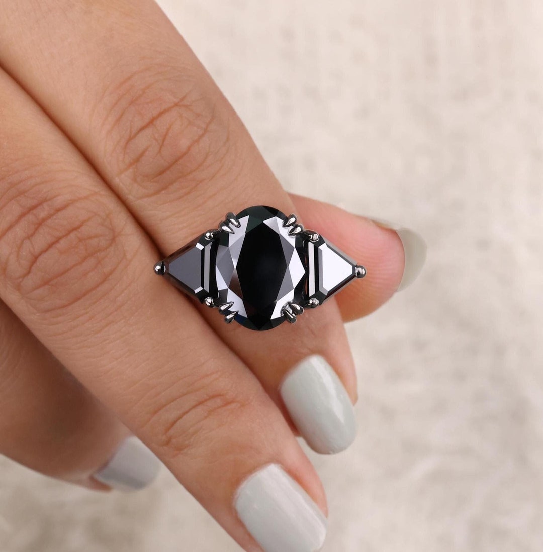 Black Oval Moissanite Gothic Engagement Ring: Oxidized Silver, Triangle ...