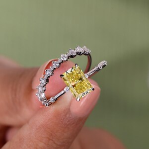 Radiant Cut Canary Yellow Moissanite Ring With Stackable Wavelet Band ...