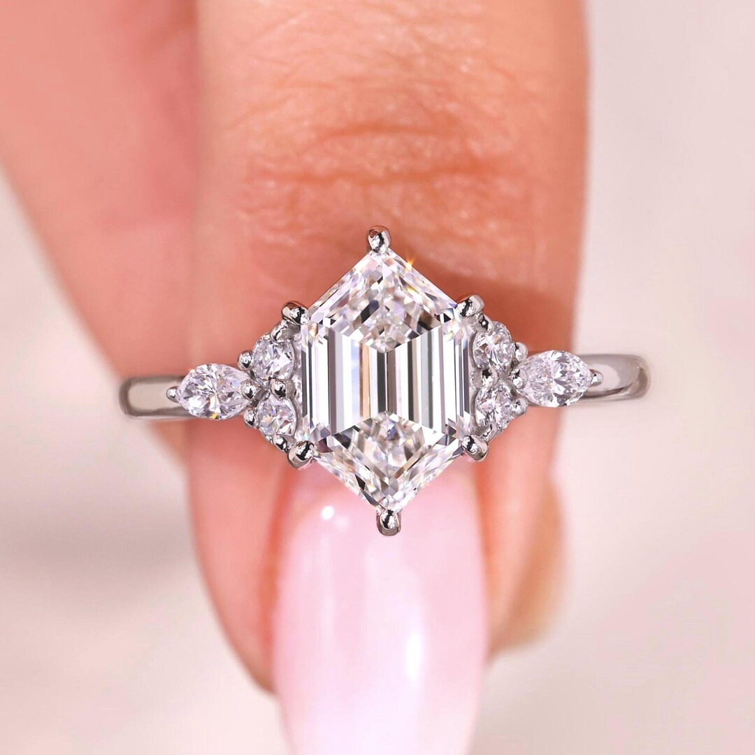 Hexagon Step Cut Lab Grown Diamond Ring / Vintage Engagement Ring for ...