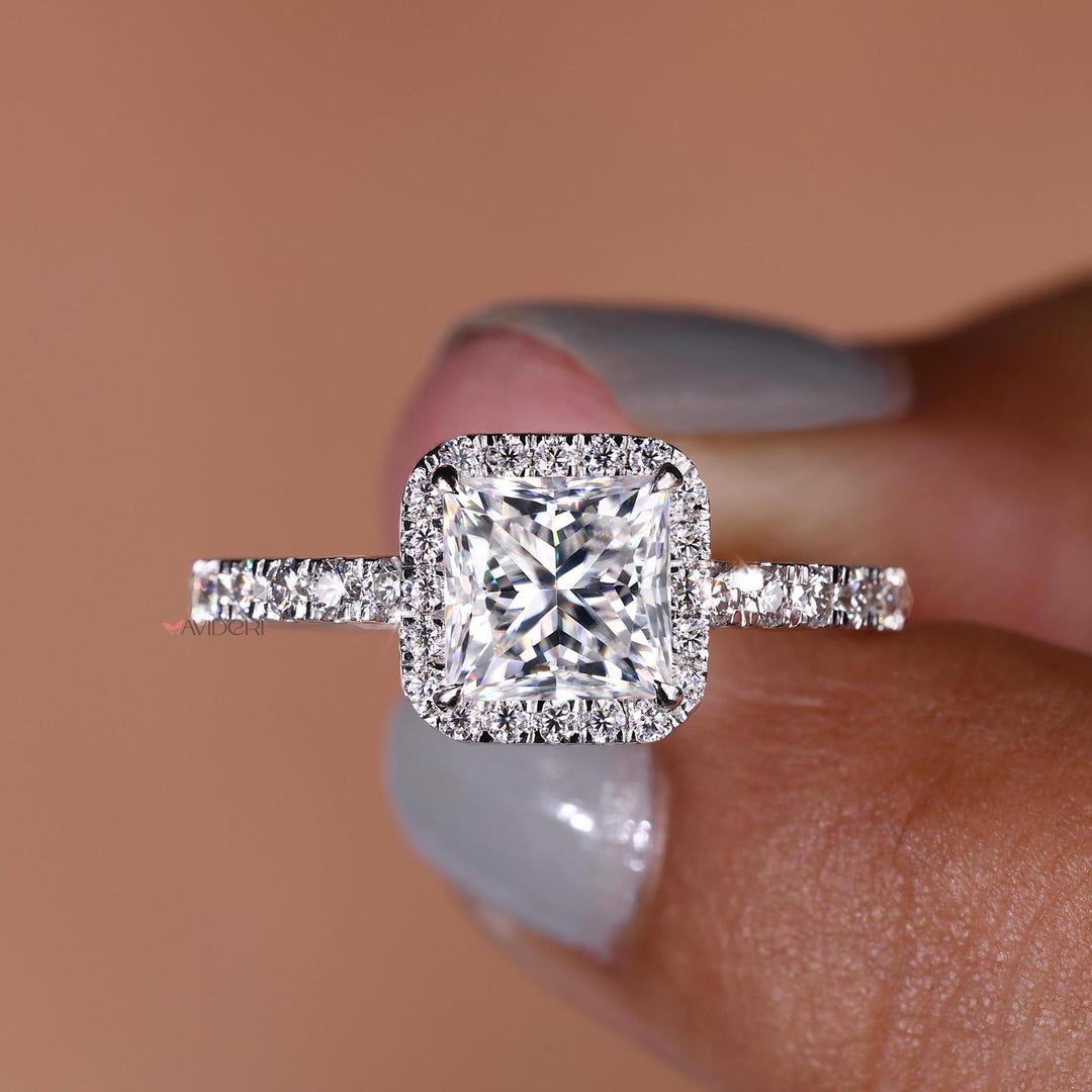 Princess Cut Halo Engagement Rings on Finger - 1 to 3 Carat Square ...