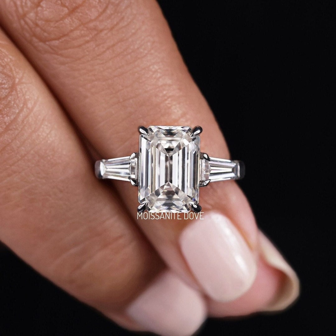 Emerald Cut Three Stone Engagement Ring, Side Tapered Baguette Cut ...
