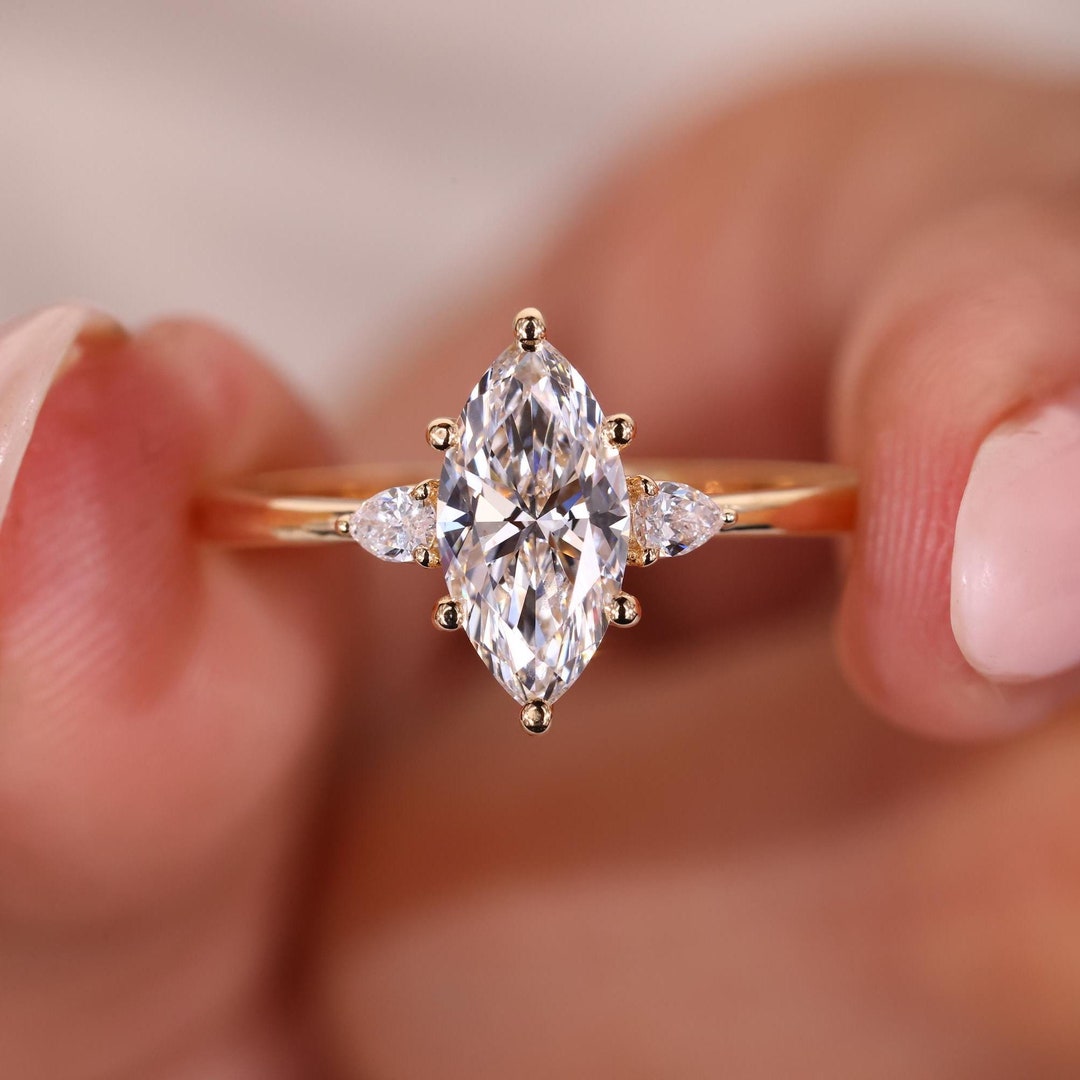 1 CT Marquise Cut Engagement Ring, Side Pear Three Stone Real Lab Grown ...