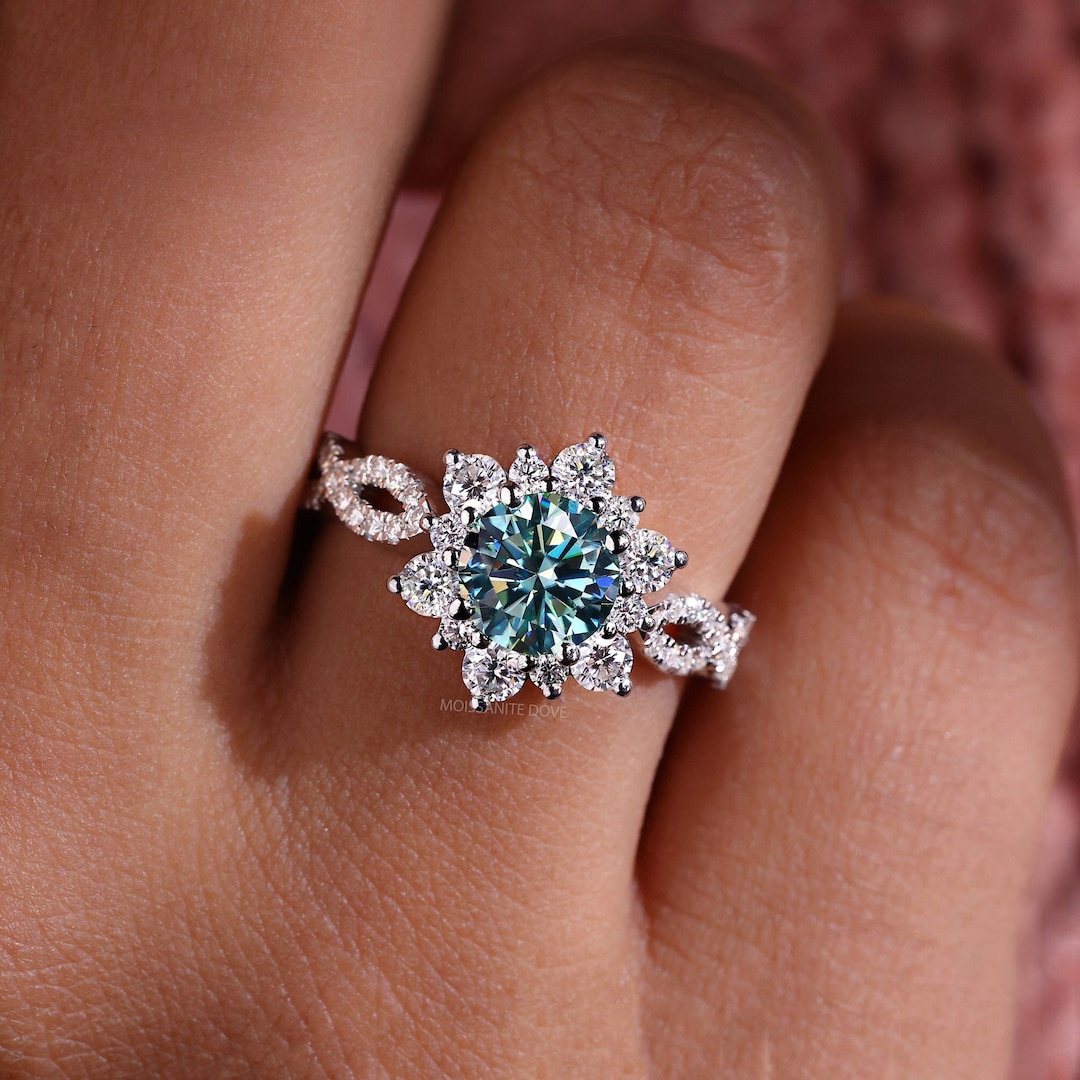 2.10 CTW Round Cut Cyan Blue Moissanite Engagement Ring, Vintage Halo ...