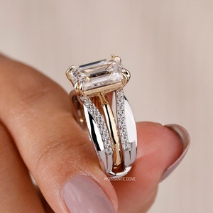 4.25ct Emerald Cut Moissanite Engagement Ring With Wedding Band, Ring ...