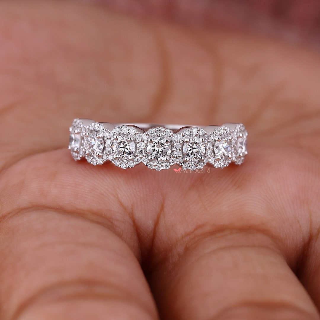 Halo Lab Grown Diamond Wedding Band - Seven Stone Vintage Style - Etsy