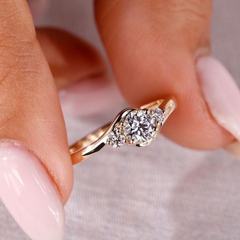 Lab Grown Diamond Three Stone Ring: Round Cut Yellow Gold Engagement ...