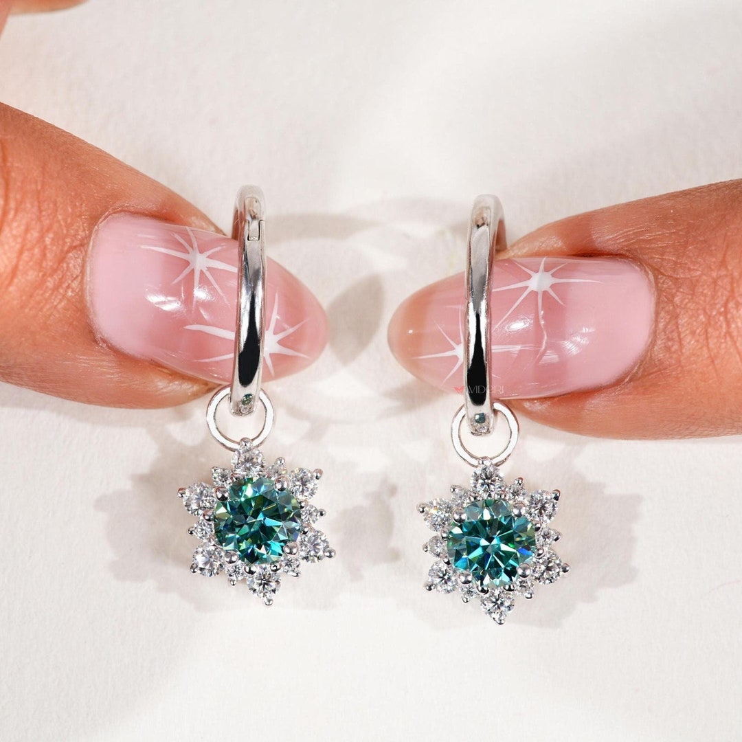 Blue Moissanite Dangle Drop Earrings, 0.50 Ct Each Round Cut Halo ...