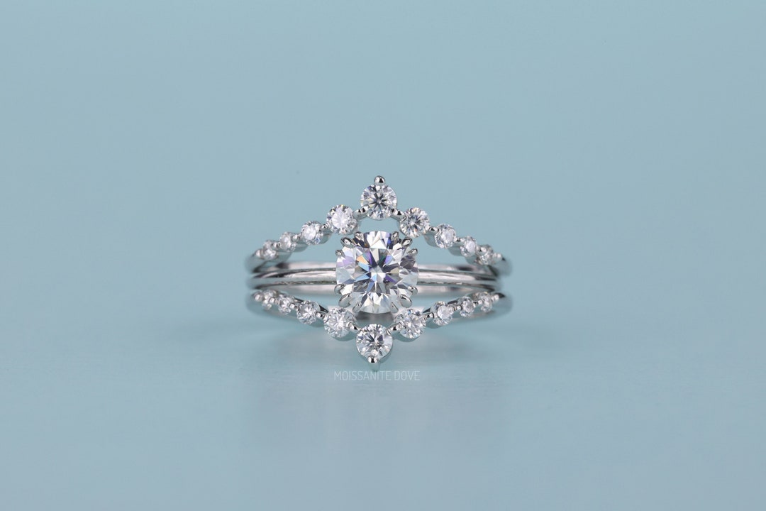 Moissanite Enhancer Guard Ring Set, 1.30 TW Round Colorless Moissanite ...