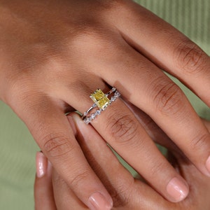 Radiant Cut Canary Yellow Moissanite Ring With Stackable Wavelet Band ...