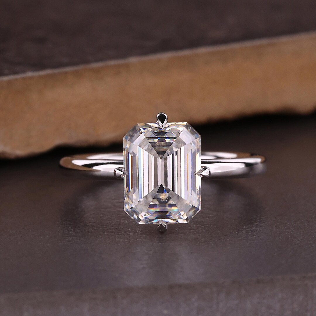 2 CT Emerald Cut Moissanite Ring: Compass Setting Solitaire - Etsy