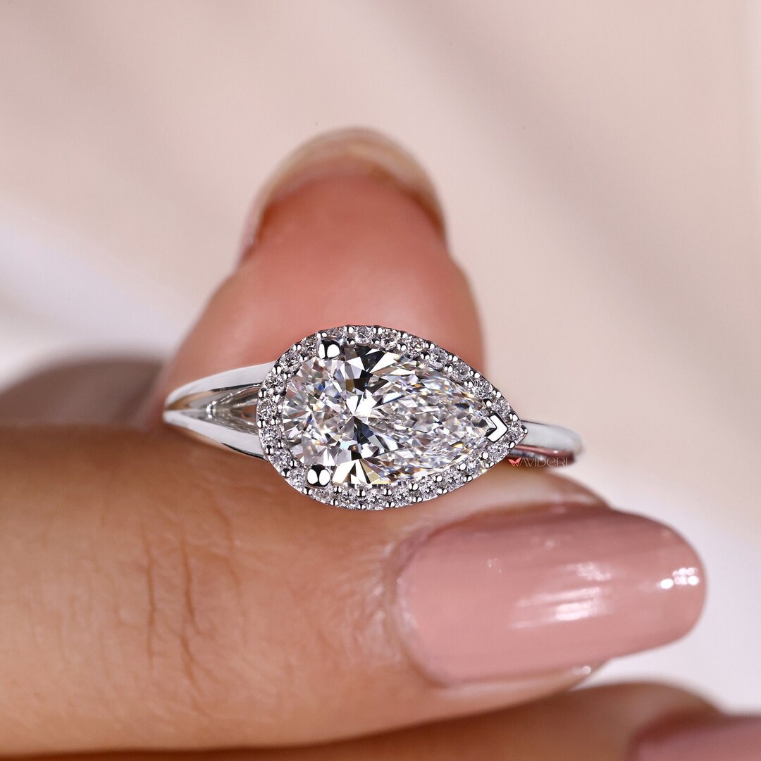 East West Pear Shaped Engagement Ring, Real Lab Grown Diamonds by Avideri, Split Shank Halo ...