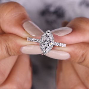 Marquise Cut Halo Engagement Ring, White Gold Lab Created Diamond Ring for Her, Pave Engagement ...