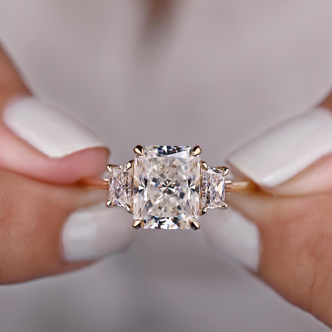 3ct Radiant Cut Three Stone Engagement Ring, Side Trapezoid Cut ...