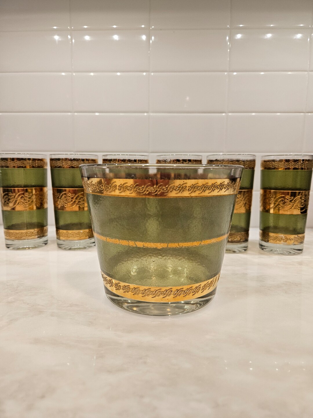 MCM Culver Starlyte 7 Piece Set of 22k Gold and Green Highball Glasses ...