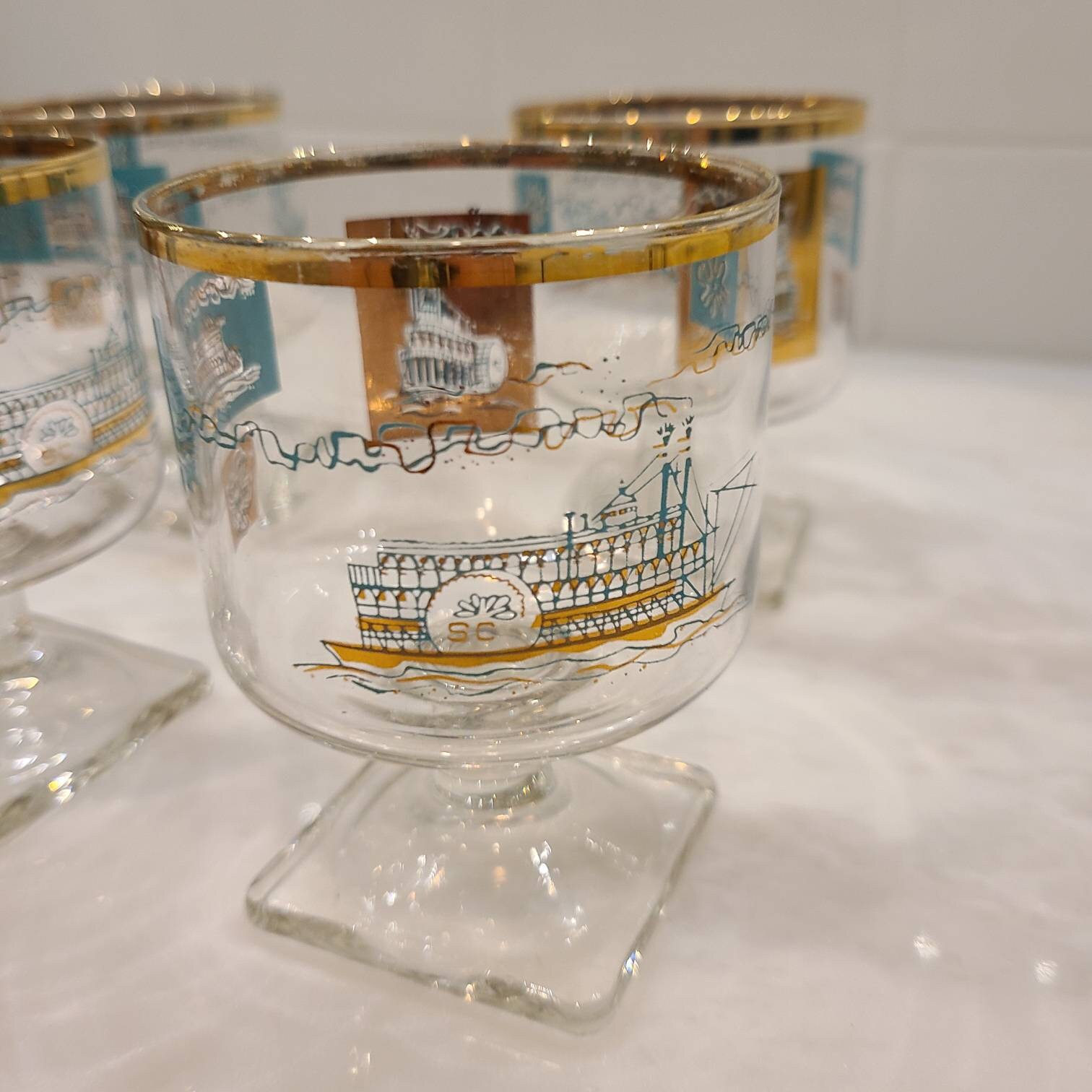 Set of 4 Libbey Mid-century Modern Gold and Turquoise Steamboat ...