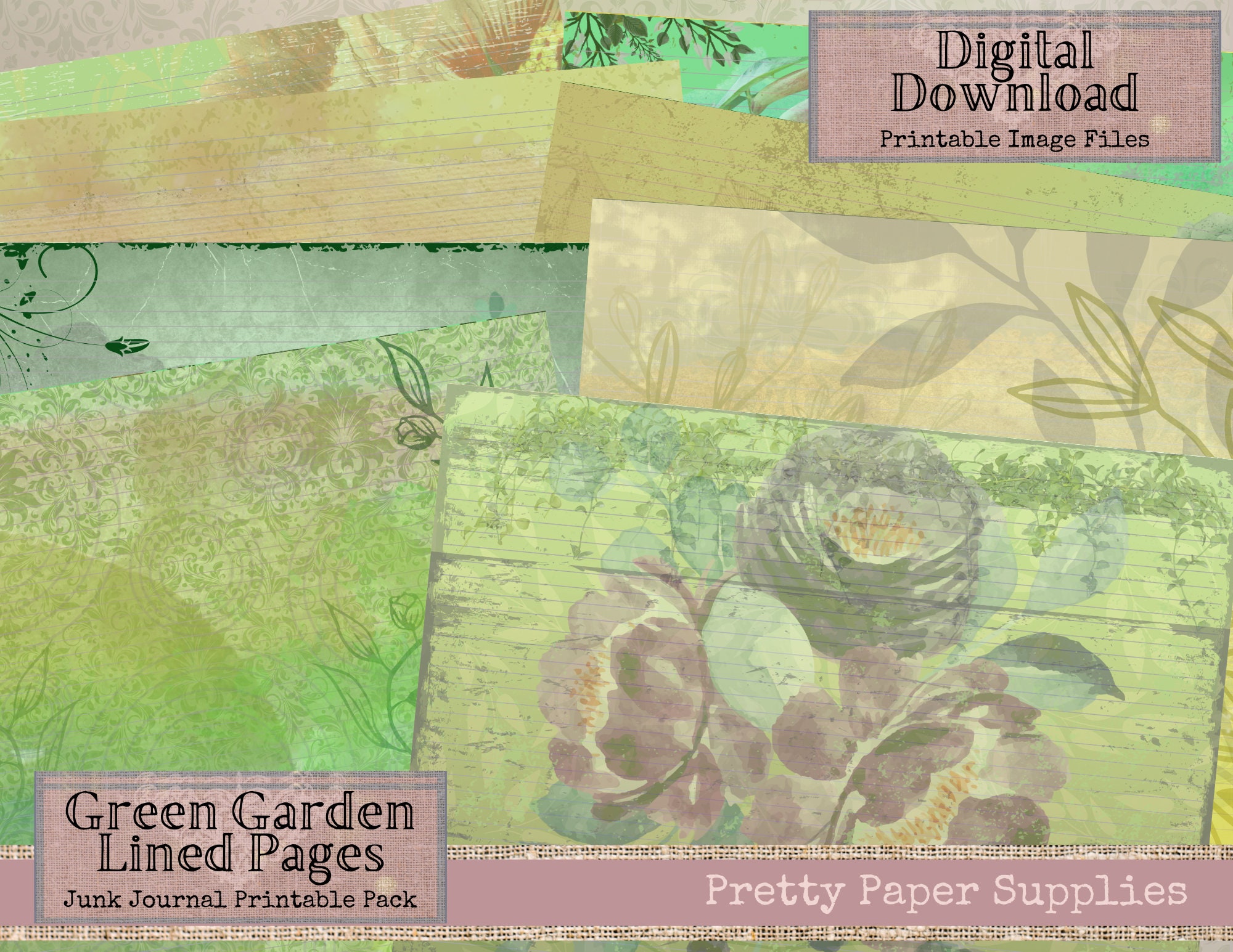 Green Garden Lined Pages | Junk Journal Printable Pack | Nature Journal ...