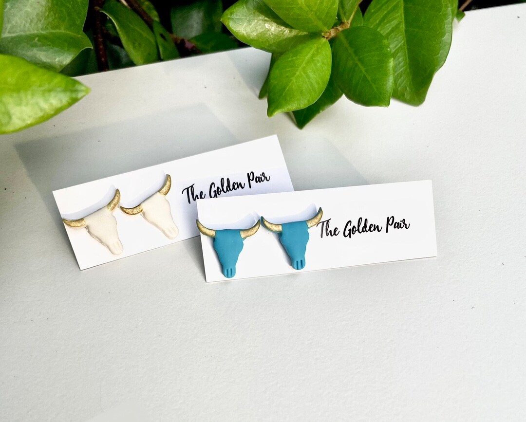 Bull Skull Studs, White and Gold Bull Skulls Studs, Bull Skull Stud ...