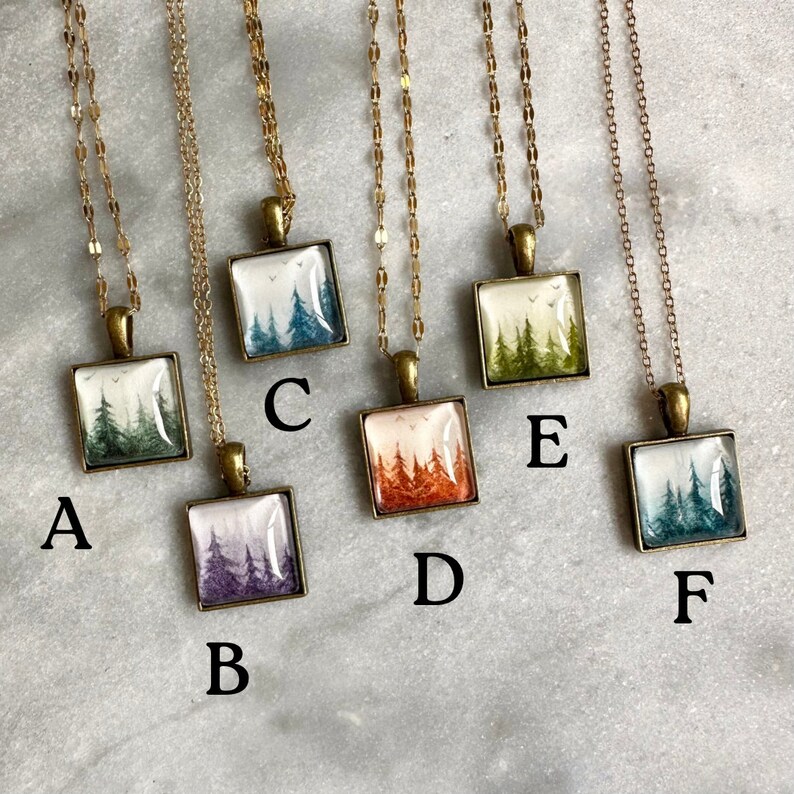 Watercolour Forest Pendant Necklace - Handpainted Antique Gold Pendants ...
