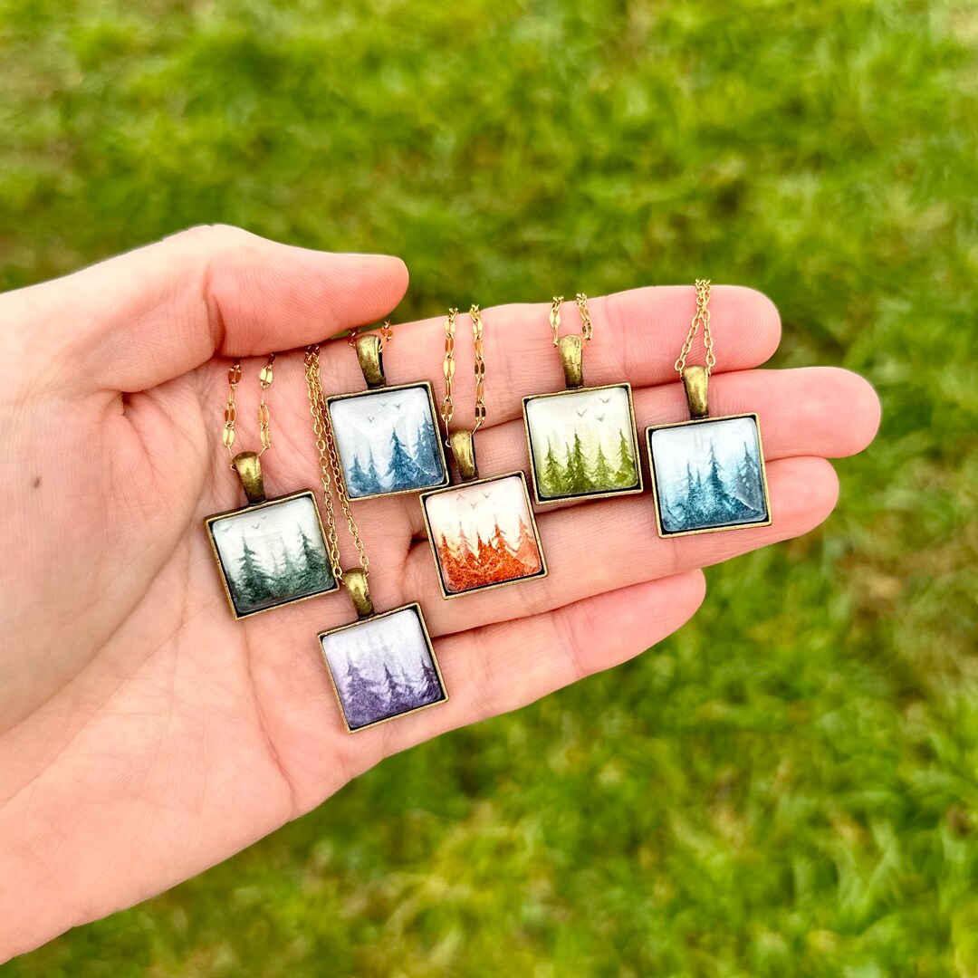 Watercolour Forest Pendant Necklace - Handpainted Antique Gold Pendants ...