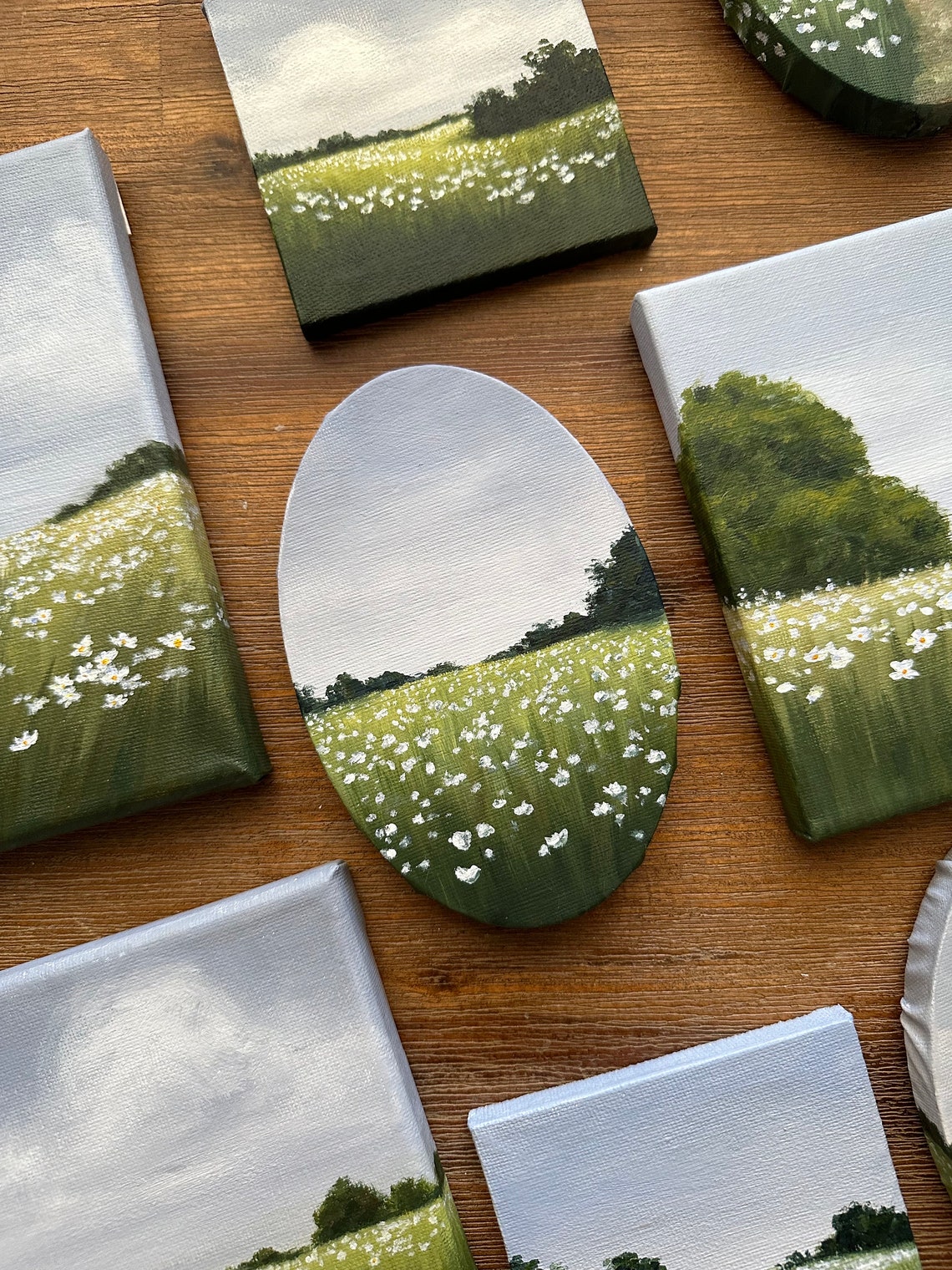 Spring Meadow Landscape Painting - Oval Floral Meadow Artwork - Mini ...