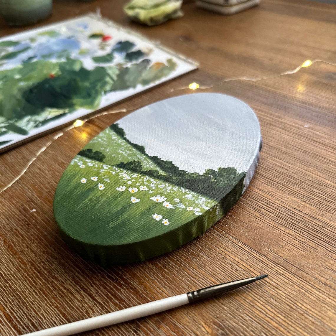 Spring Landscape Painting - Oval Floral Meadow Artwork - Mini Original ...