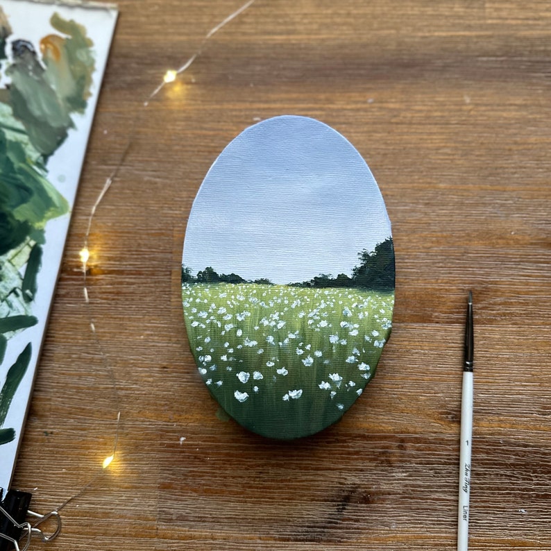 Spring Meadow Landscape Painting - Oval Floral Meadow Artwork - Mini ...