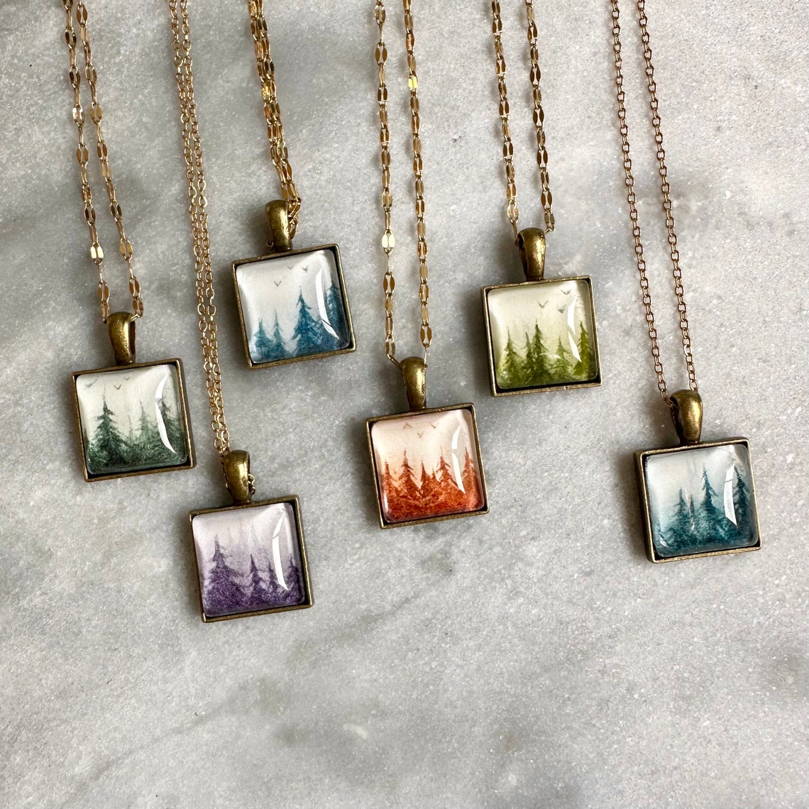 Watercolour Forest Pendant Necklace - Handpainted Antique Gold Pendants ...