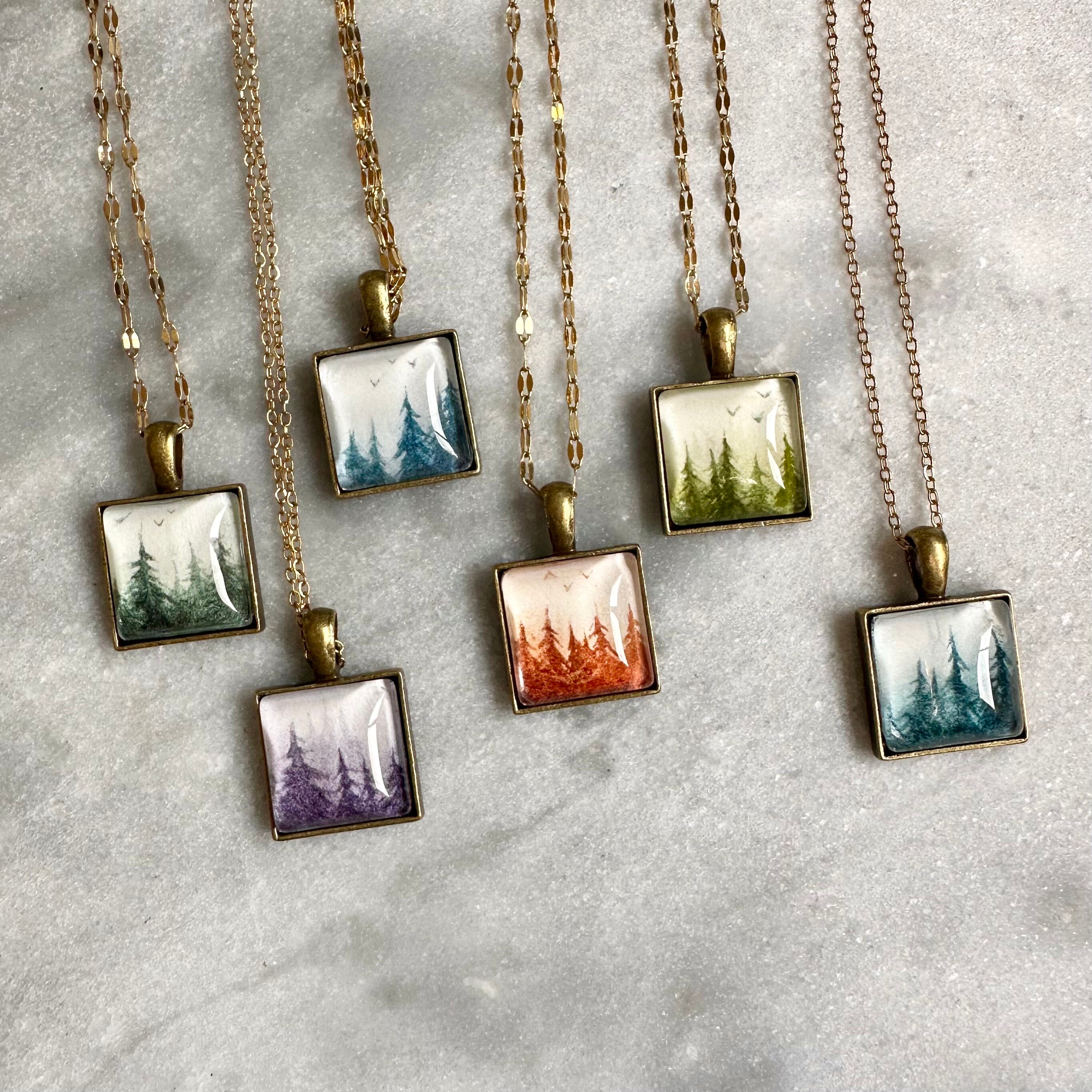 Watercolour Forest Pendant Necklace - Handpainted Antique Gold Pendants ...