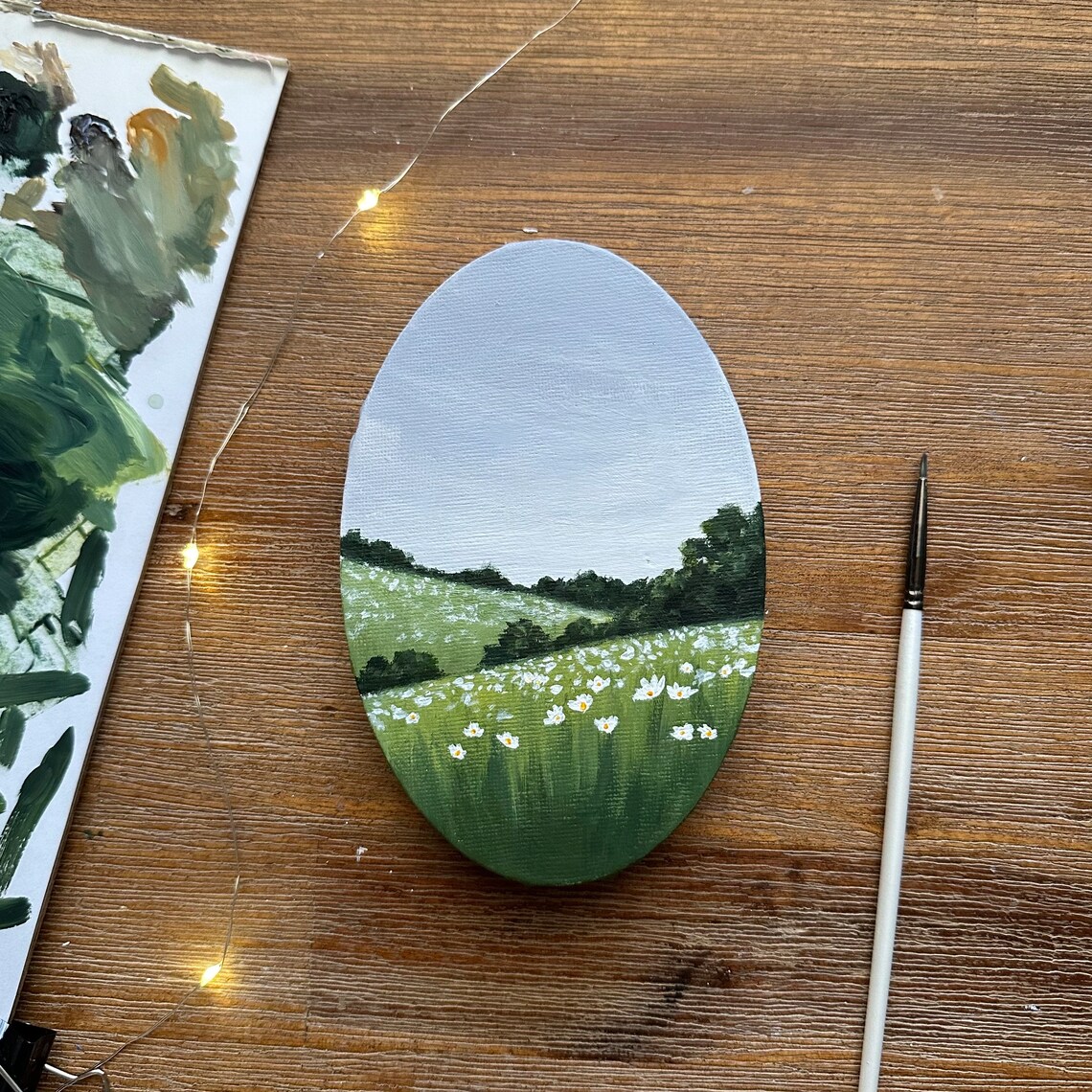Spring Landscape Painting - Oval Floral Meadow Artwork - Mini Original ...