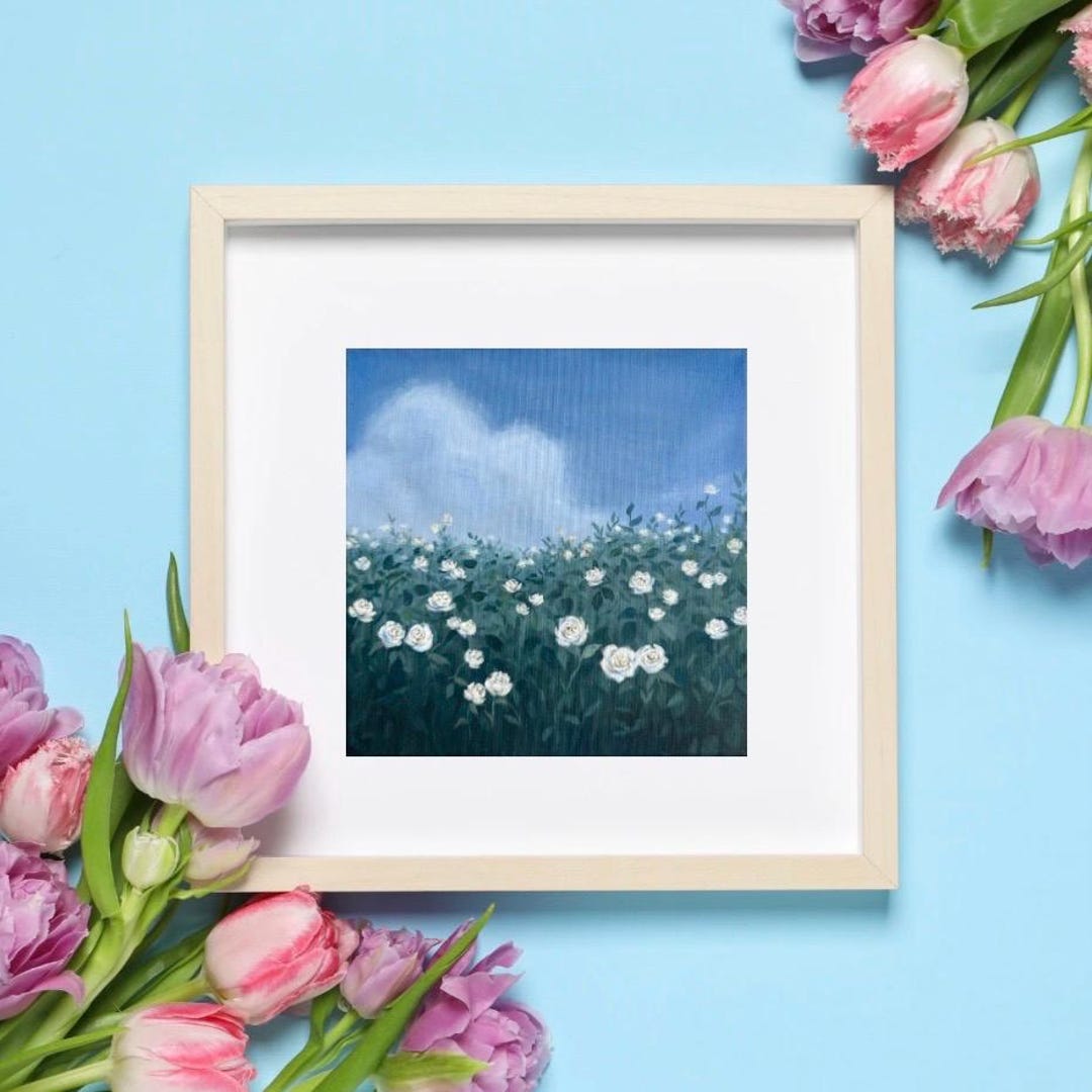 Mini Rose Art Print - Floral Meadow Art Print - White Rose Field ...