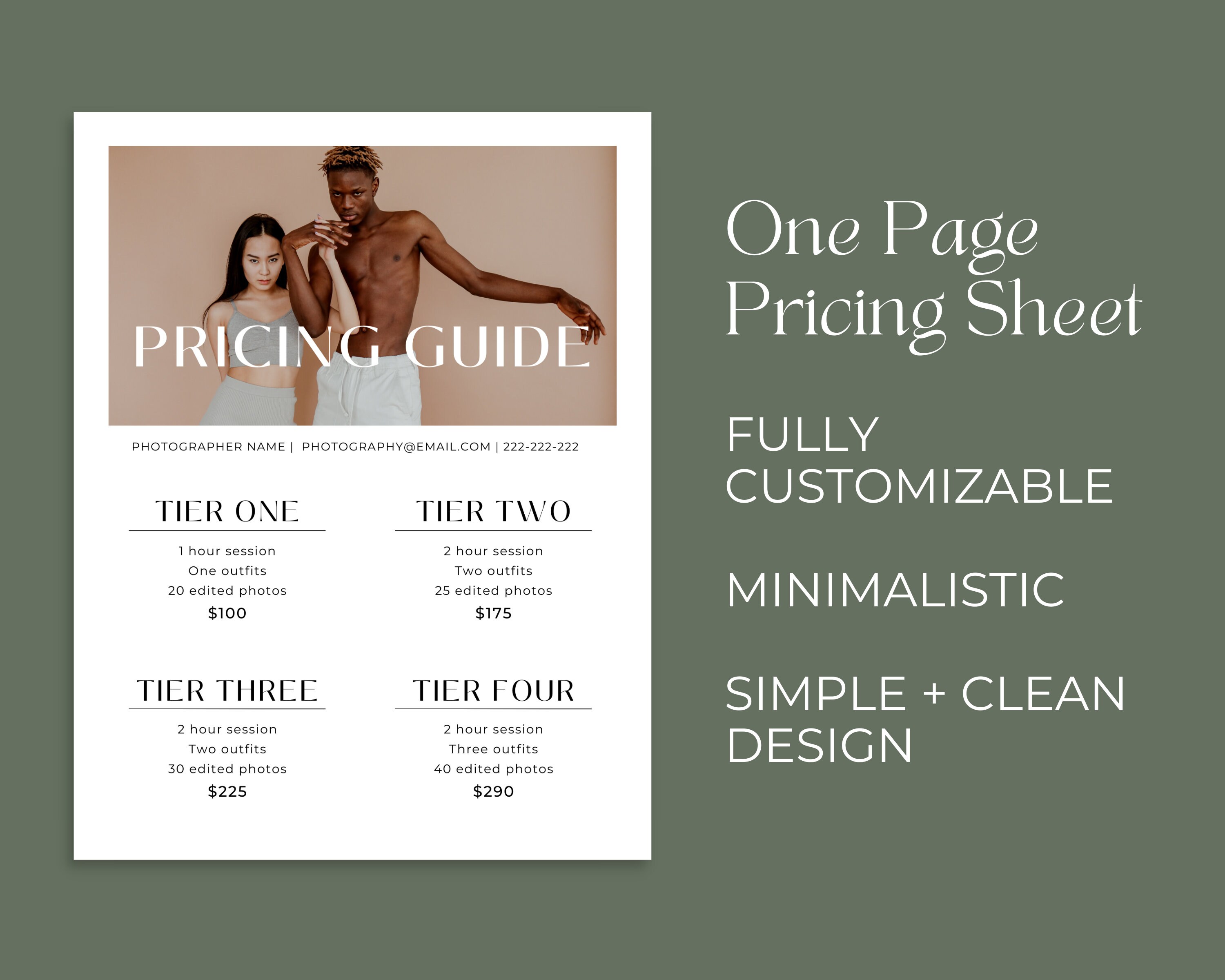 Minimalistic Photoshoot Session Pricing Sheet for Photographers | One ...