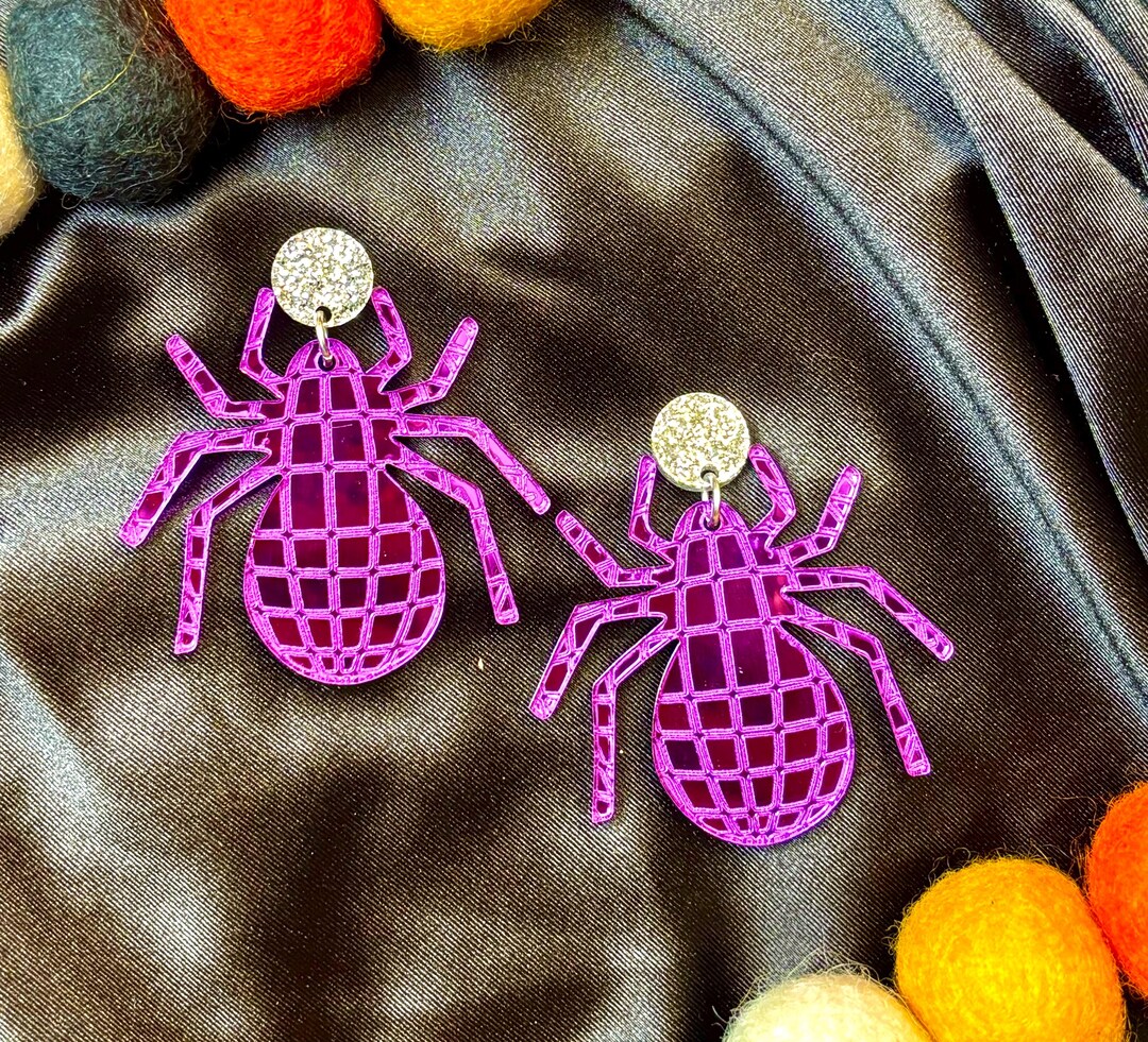 Purple Disco Ball Spider Halloween Statement Earrings - Etsy
