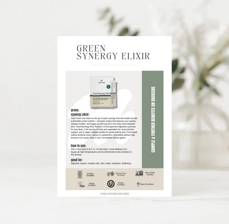 Arbonne | Green Synergy Sample Card W/ Comparison | 5'' X7'' Digital Download | Printable ...