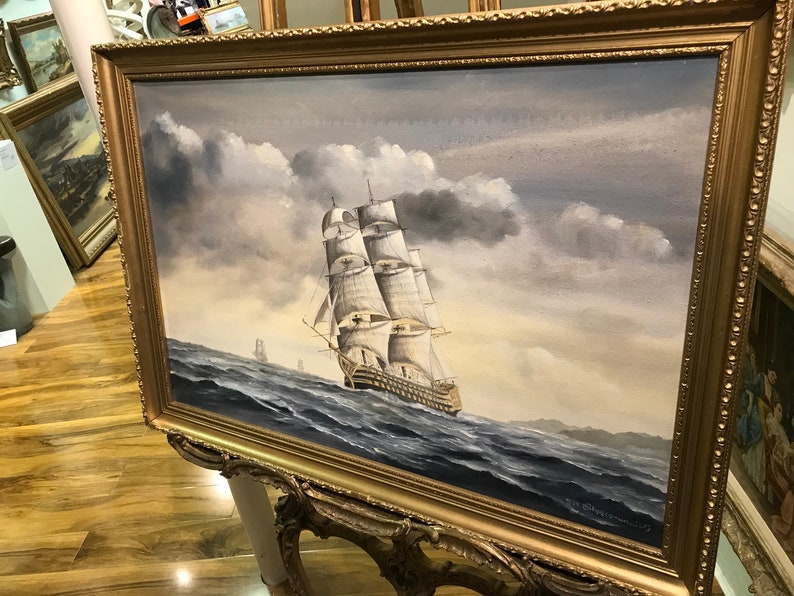 Original Oil Painting Battle Ship Bill Cheeseman in a Beautiful Gold ...