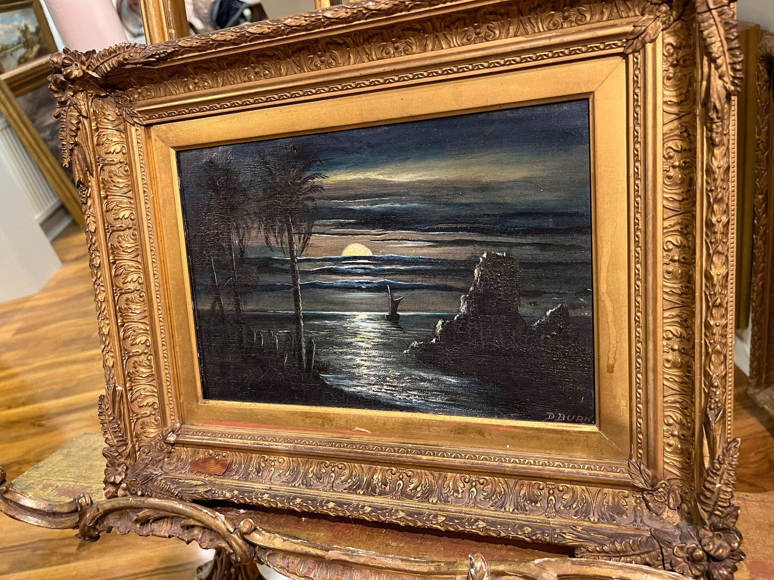 Old Master Style 19th Century Oil Painting in Gold Gilt Frame Moon ...