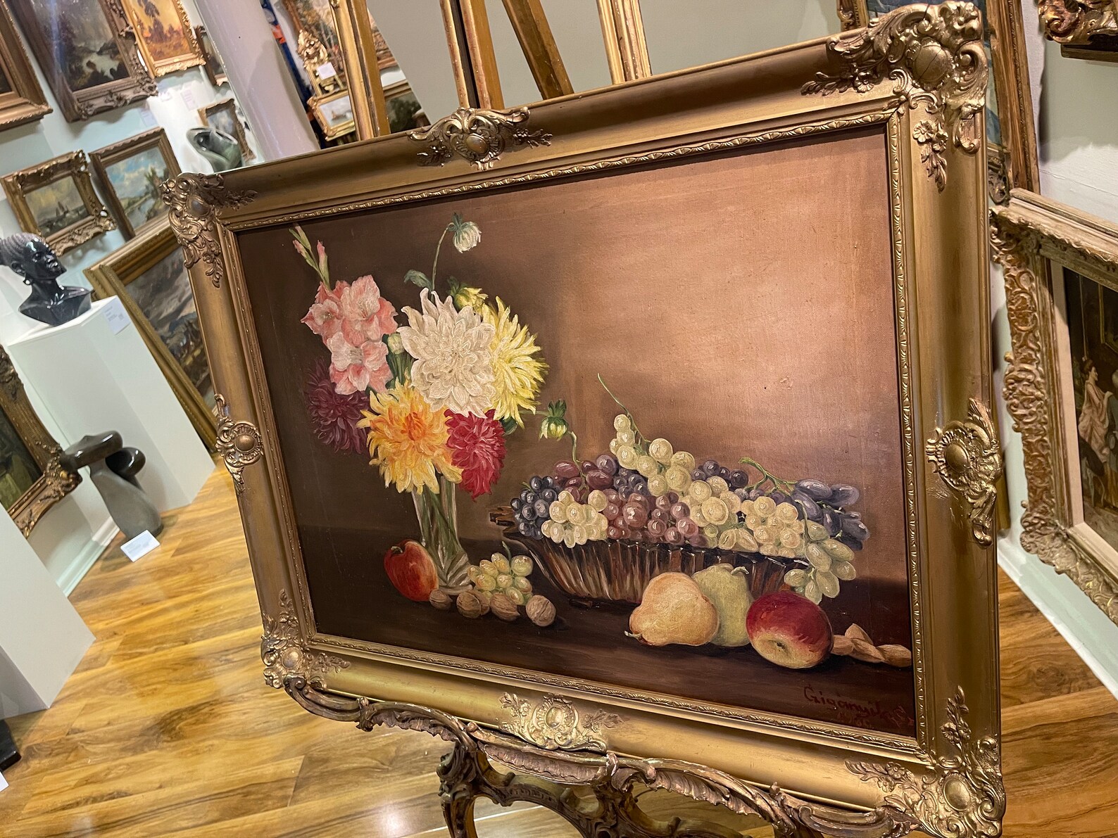 Beautiful Flowers, Fruit Old Master Style OIL Painting in Original Gold ...