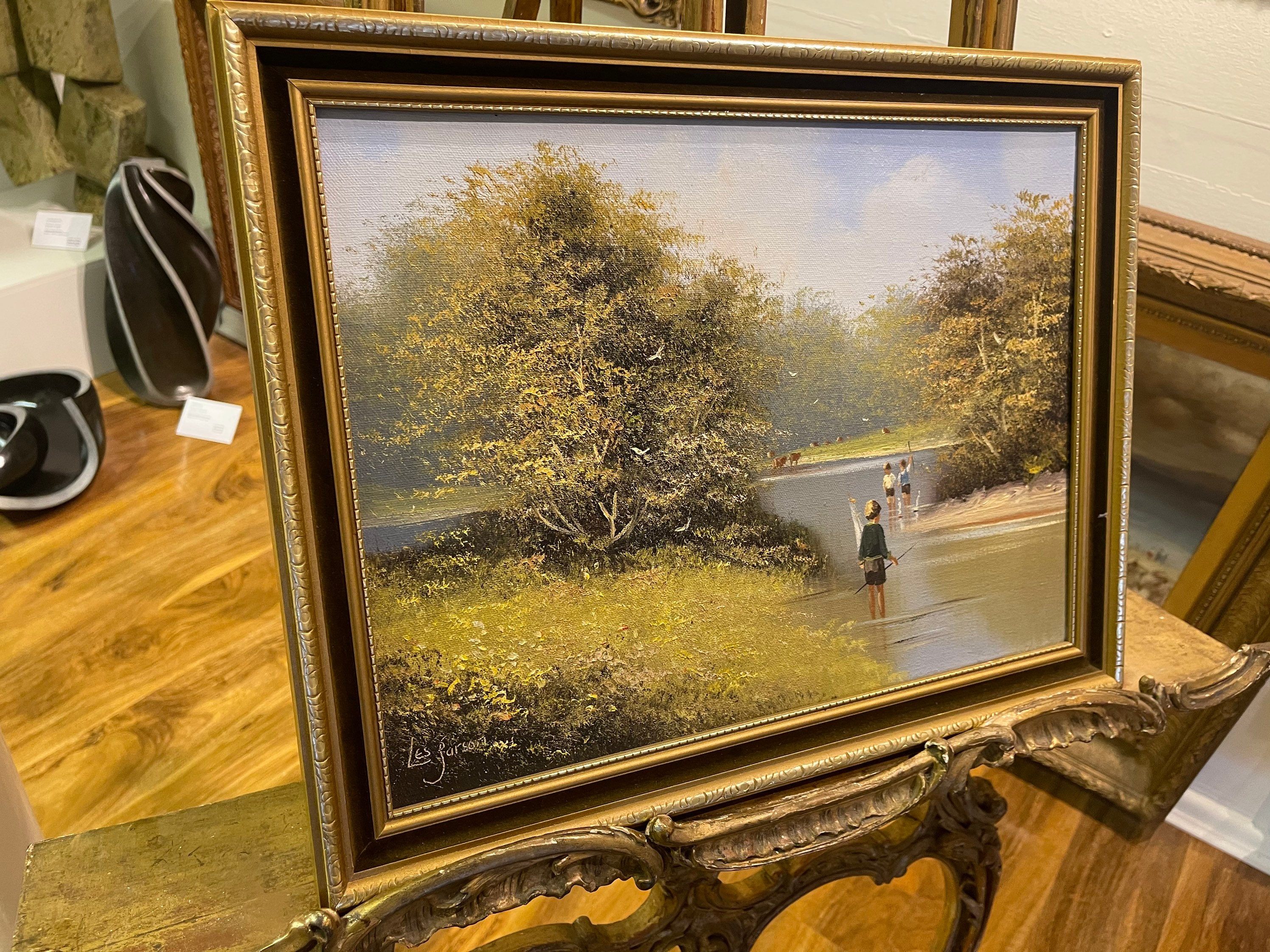 Original Oil Painting Signed LES PARSONS Country Cottage in Gold FRAME ...