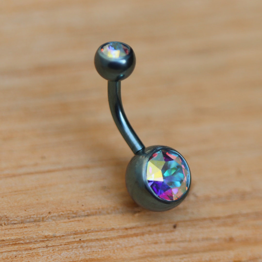 10mm Titanium Belly Bar AB Double Jewelled Iced Blue Navel Ring 1.6mm x ...